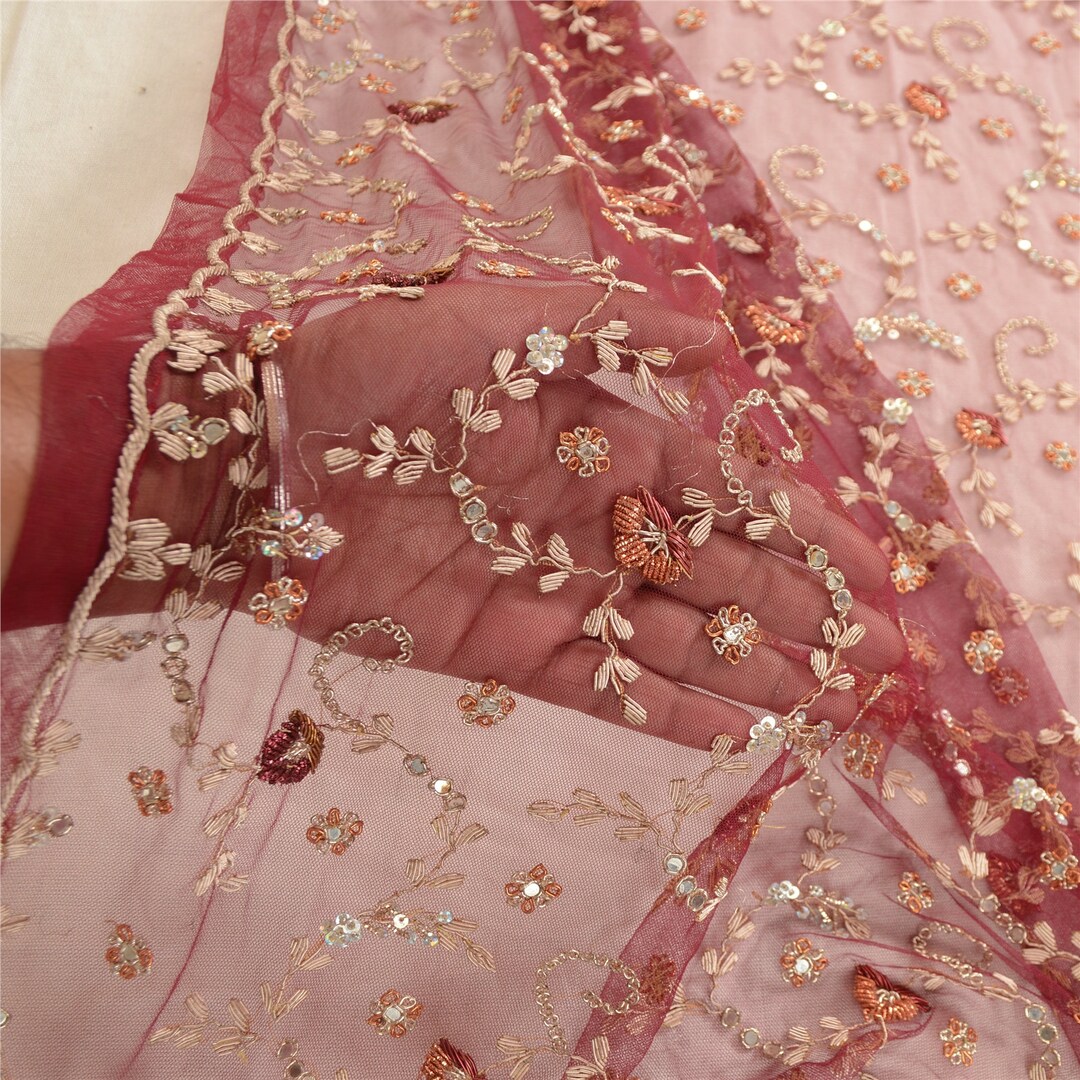 Kreatvkraft Vintage Dark Red Dupatta Net Mesh Hand Beaded Zardozi Work ...