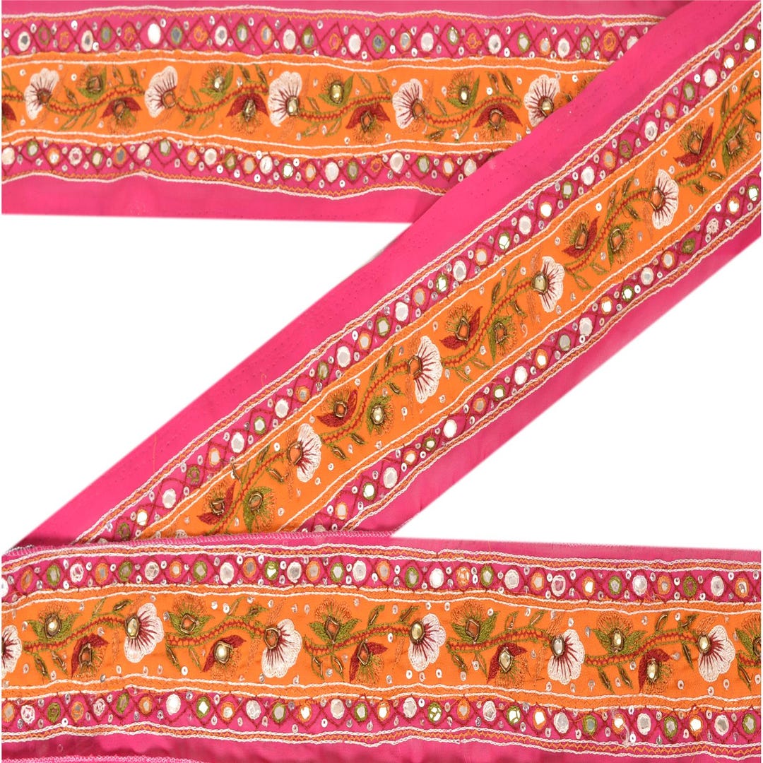 Kreatvkraft Hand Beaded Sari Border: Pink Georgette Indian Trim, Mirror ...