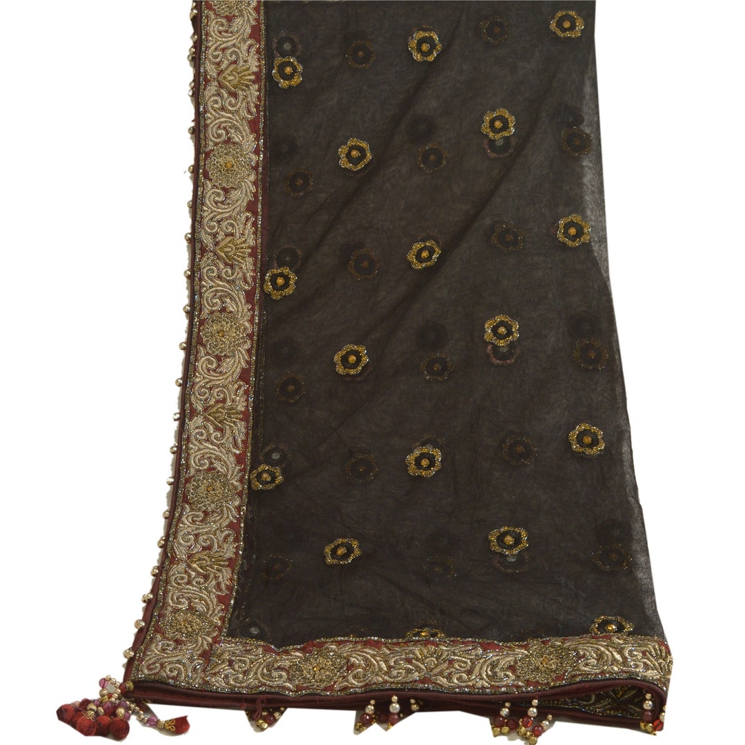 Kreatvkraft Vintage Long Dupatta Net Mesh Black Hand Beaded Rhinestones ...