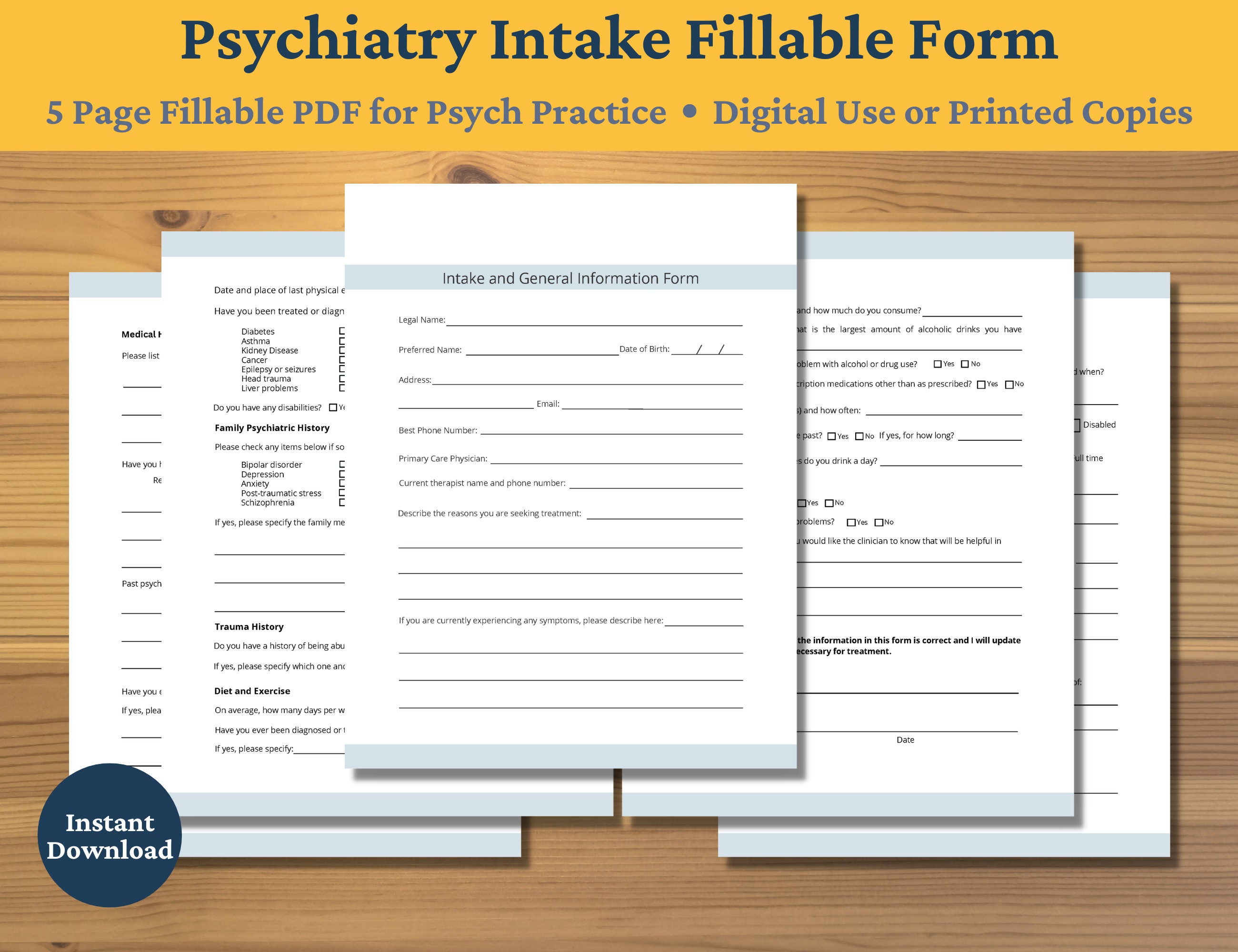 Psych Intake Form, General Information Intake Fillable PDF, Editable - Etsy