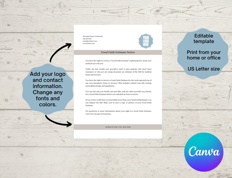 Good Faith Estimate Notice, Editable Template, Mental Health Provider ...