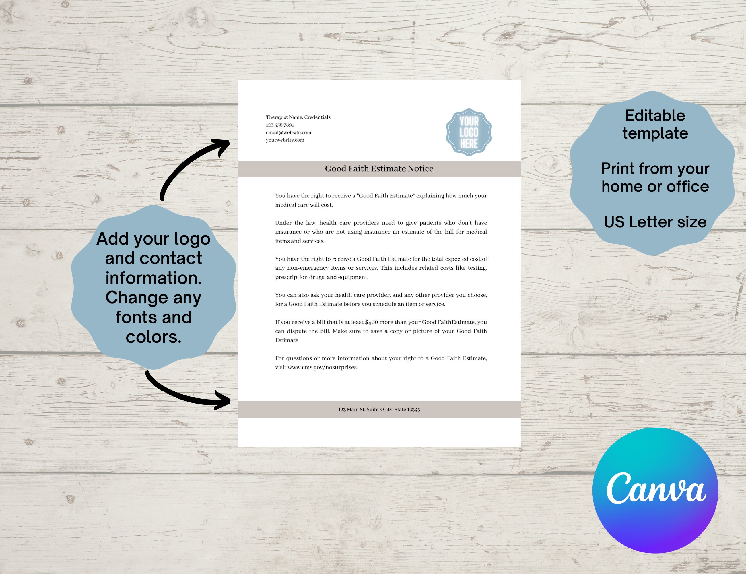 Good Faith Estimate Notice, Editable Template, Mental Health Provider ...
