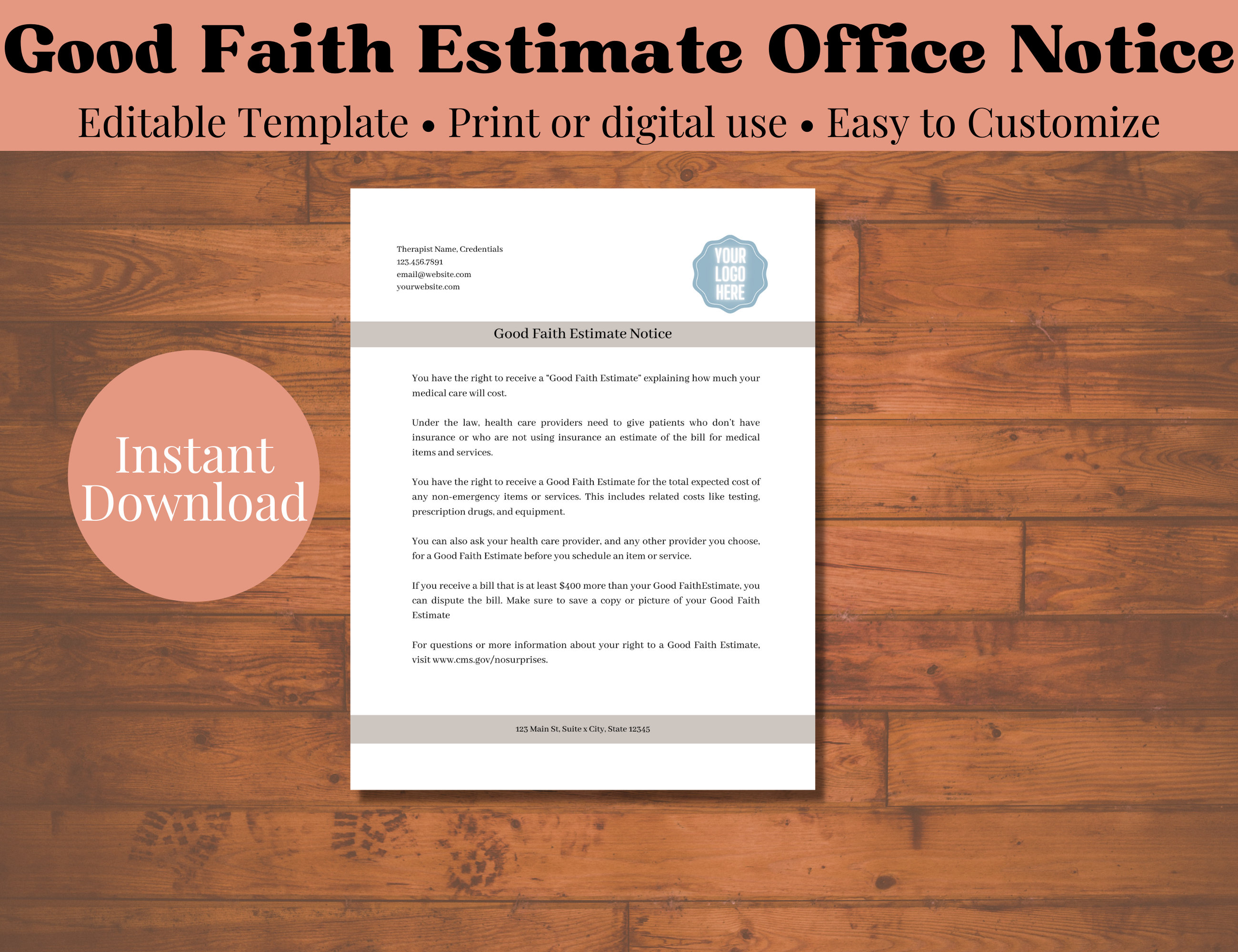 Good Faith Estimate Notice, Editable Template, Mental Health Provider ...