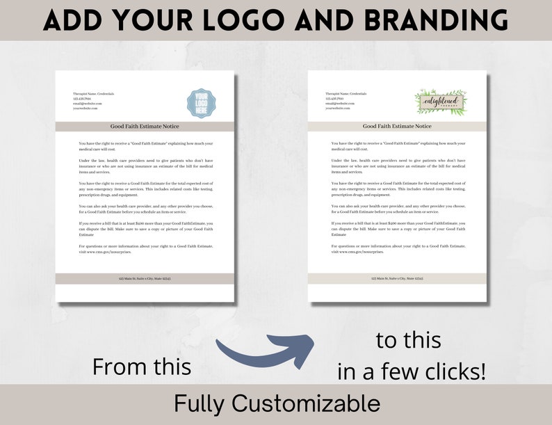 Good Faith Estimate Notice, Editable Template, Mental Health Provider ...