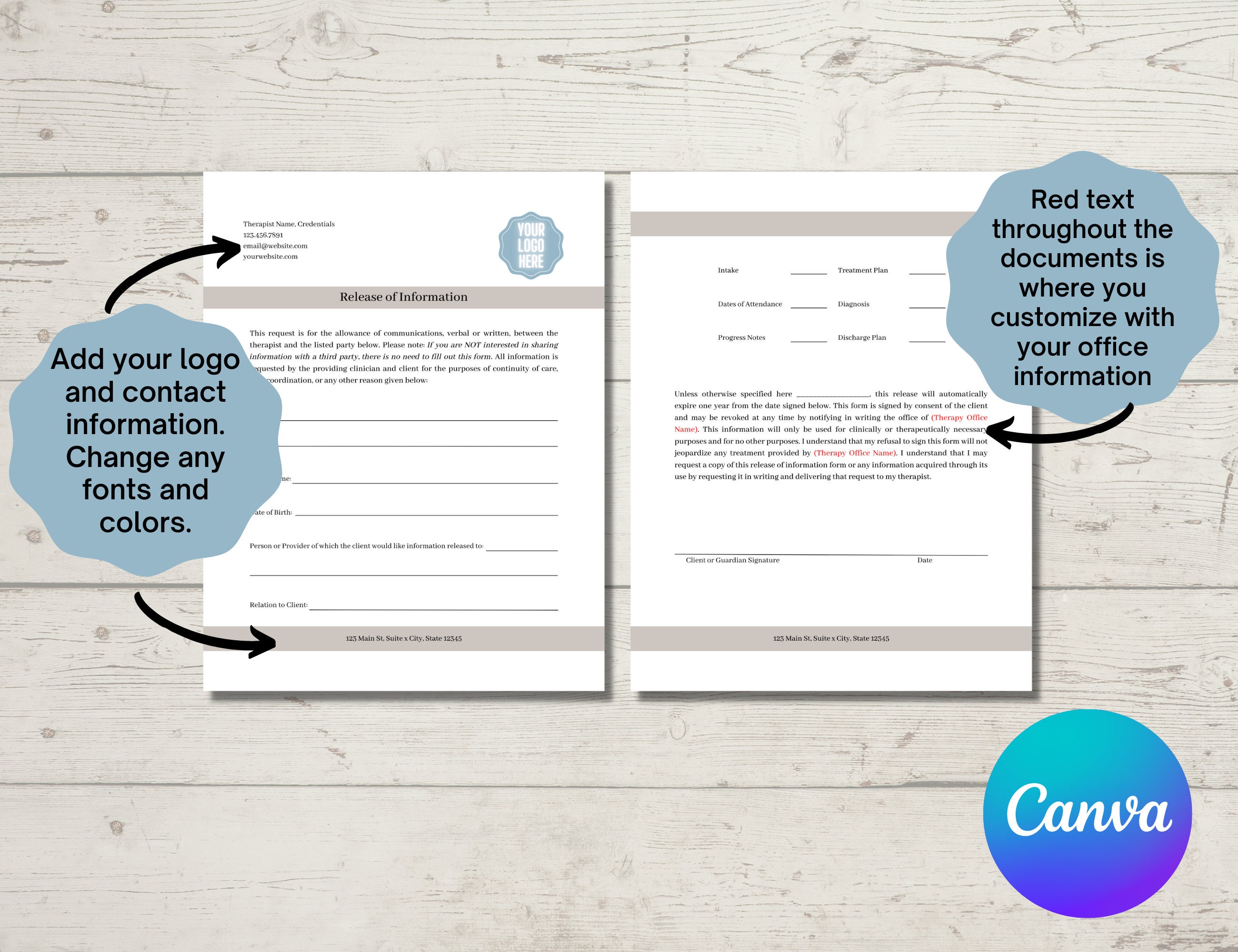 Release of Information, Editable Client Intake Template, Mental Health ...