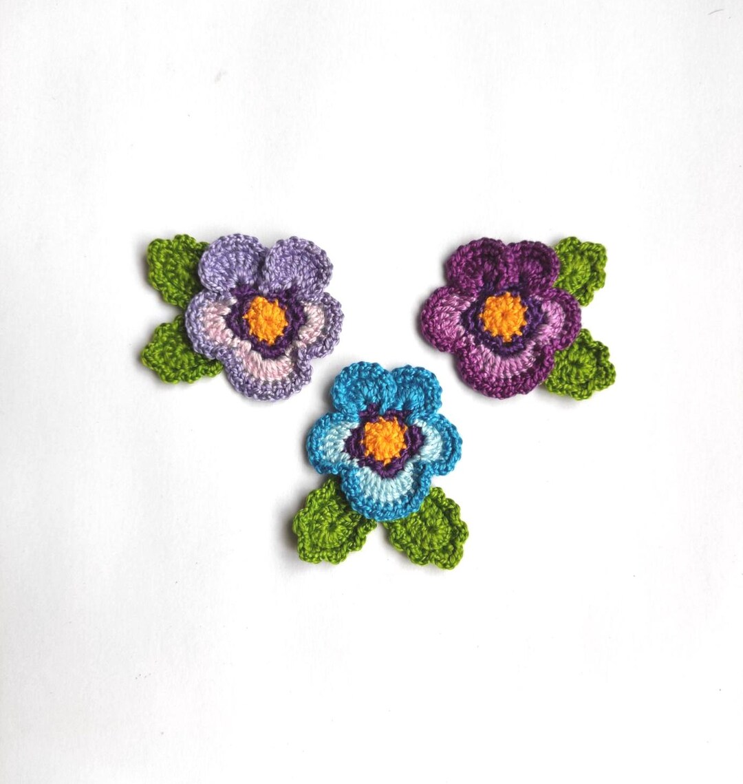 Crochet Pansy Applique With Leaves, Crochet Flower Applique - Etsy