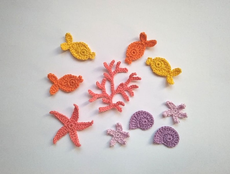 Crochet Sealife Applique 10 Pcs Crochet Fish, Starfish, Sea Shell ...