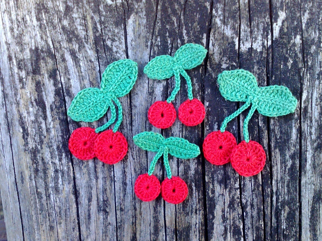 Applique Cherry Crochet Set of 4 Handmade Cherry Cherries Applique - Etsy