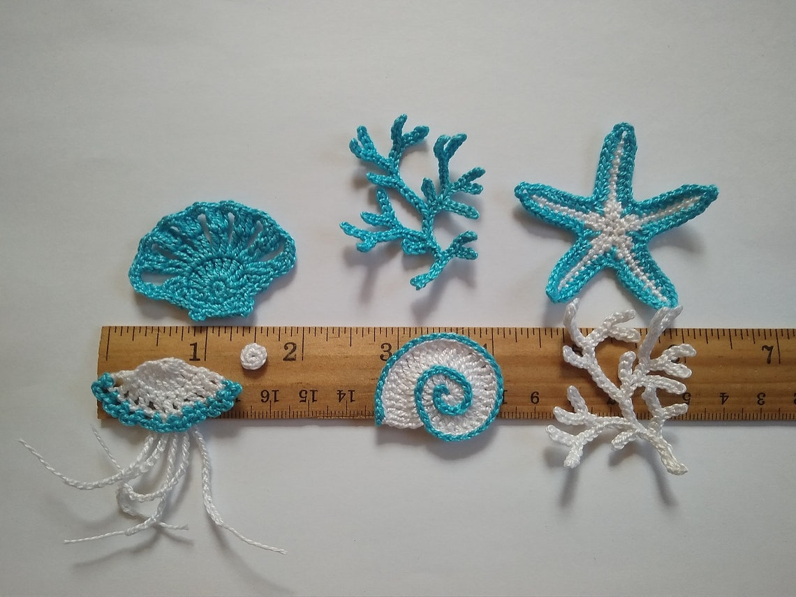 Crochet Sealife Motifs Sea Animal Ocean Applique Set 6 Pcs Summer Beach ...