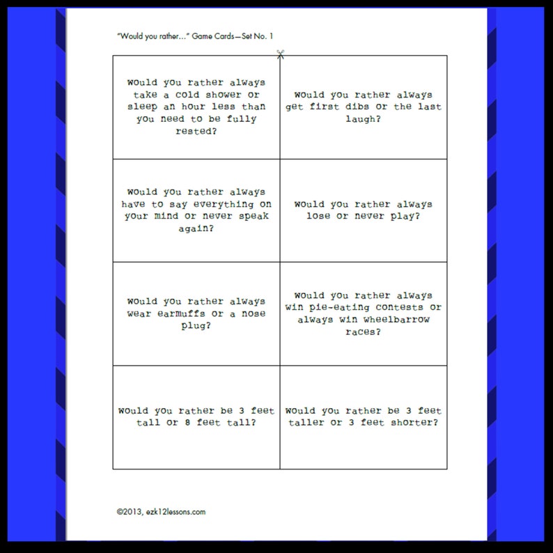 Would You Rather...? Printable Game Cards, Set of 100 - Etsy