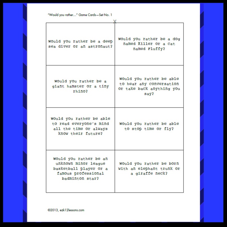 Would You Rather...? Printable Game Cards, Set of 100 - Etsy