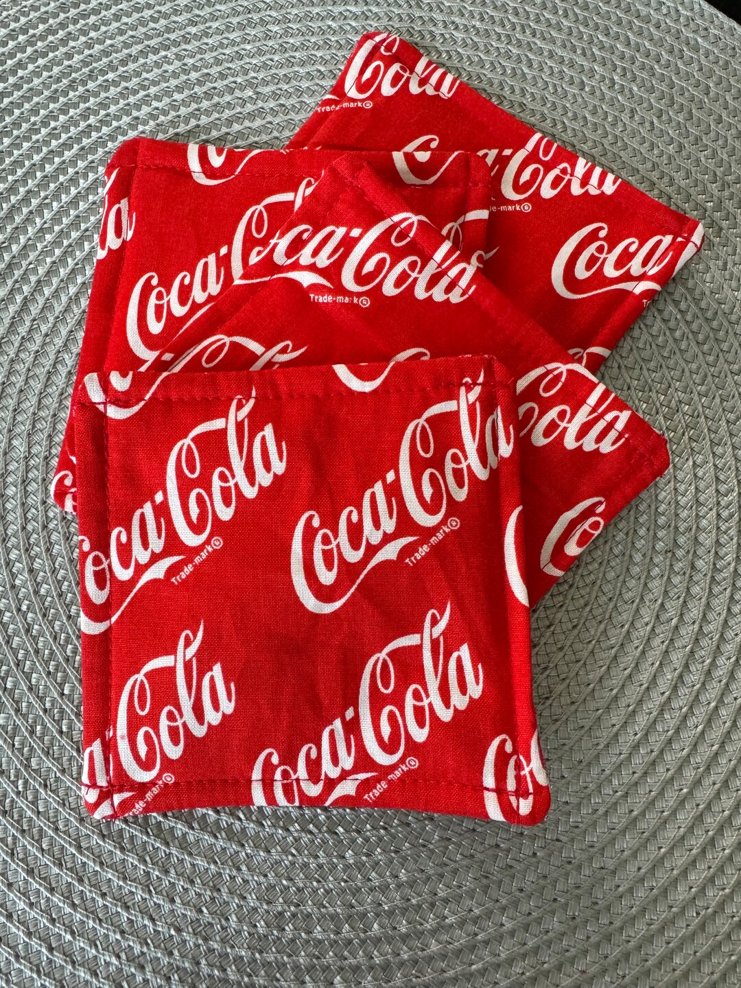 Set of 4 Coca Cola Coasters Lined With Checkered Fabric on Back, Coke ...