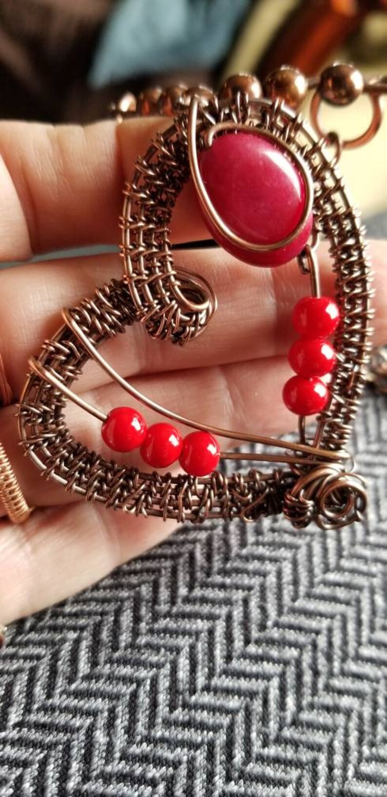 Copper Heart Pendant. Wire Weave Copper Heart Pendant With Red - Etsy