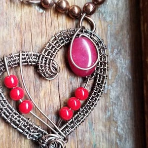 Copper Heart Pendant. Wire Weave Copper Heart Pendant With Red Jade ...