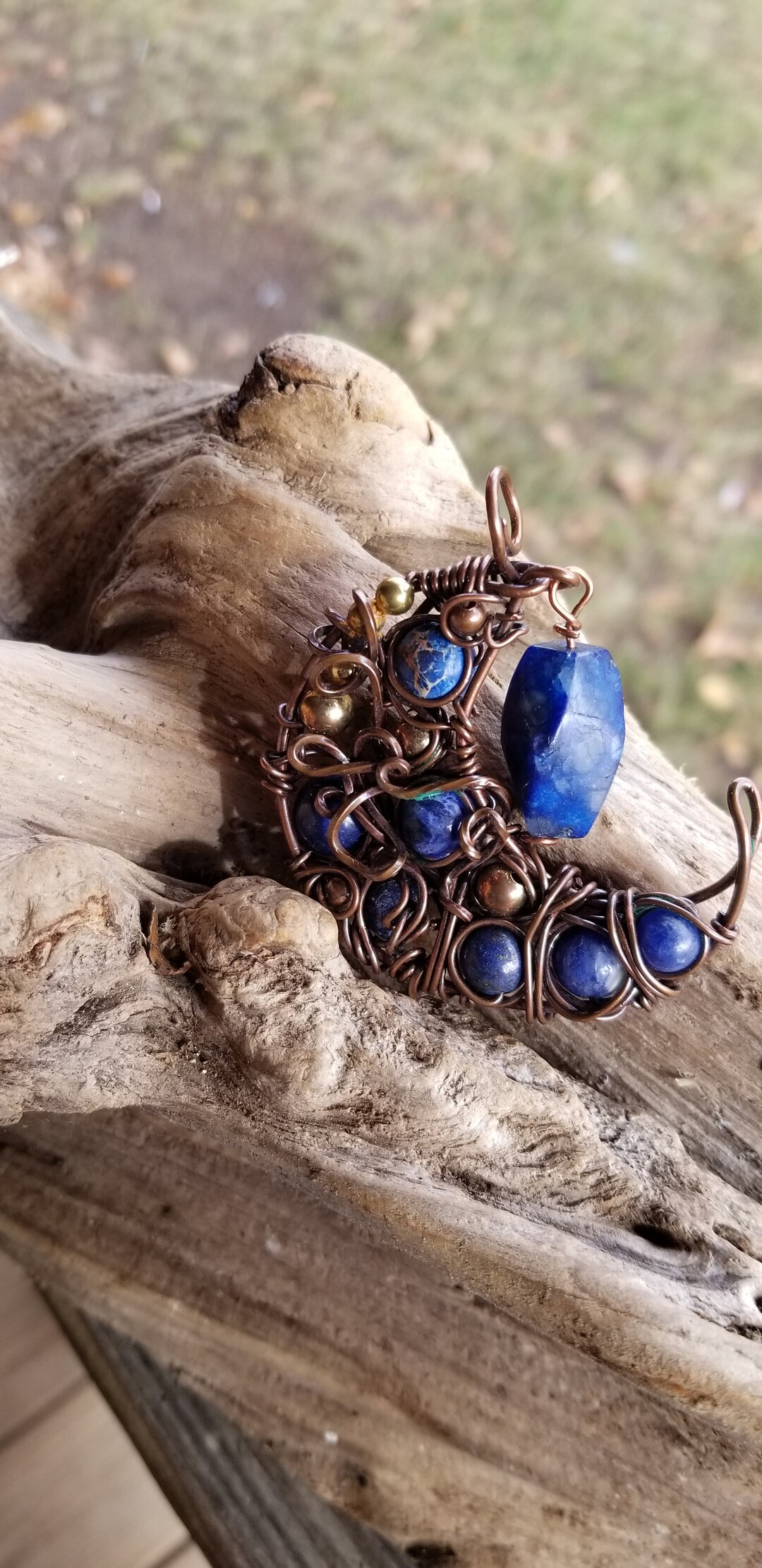 Moon Pendant, Copper Wrap Moon , Sodalite, Blue Lapis, Wire Wrap Moon ...