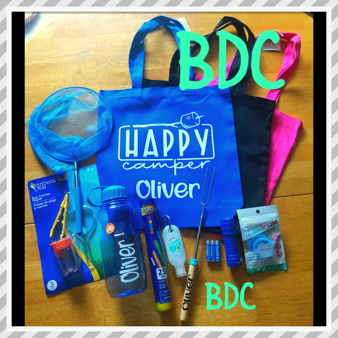 Personalized Kids Camping Kit: Canvas Tote, Flashlight & Water Bottle ...