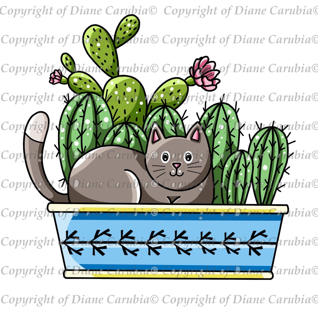 Cactus Kitty, Digital Stamp, Coloured, Printable, Cute, Sublimation ...