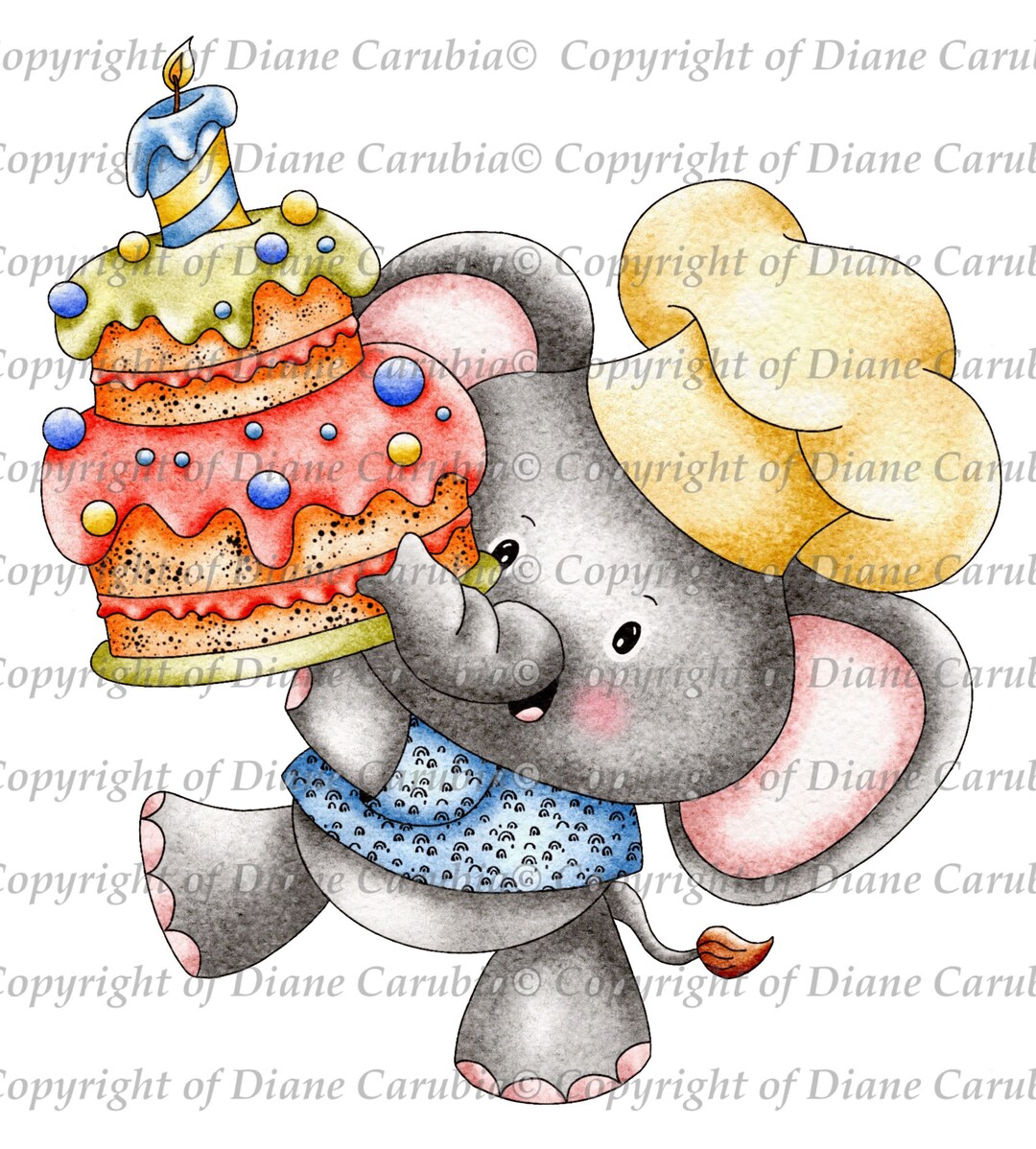 Ellie Birthday Cake, Digital Stamp, Black and White, Elephant ...