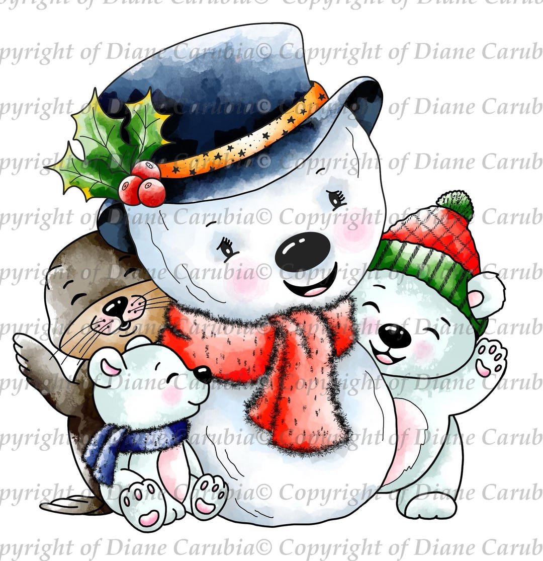 Snowman's Friends, Black and White, Digital Stamp, Download, Christmas ...