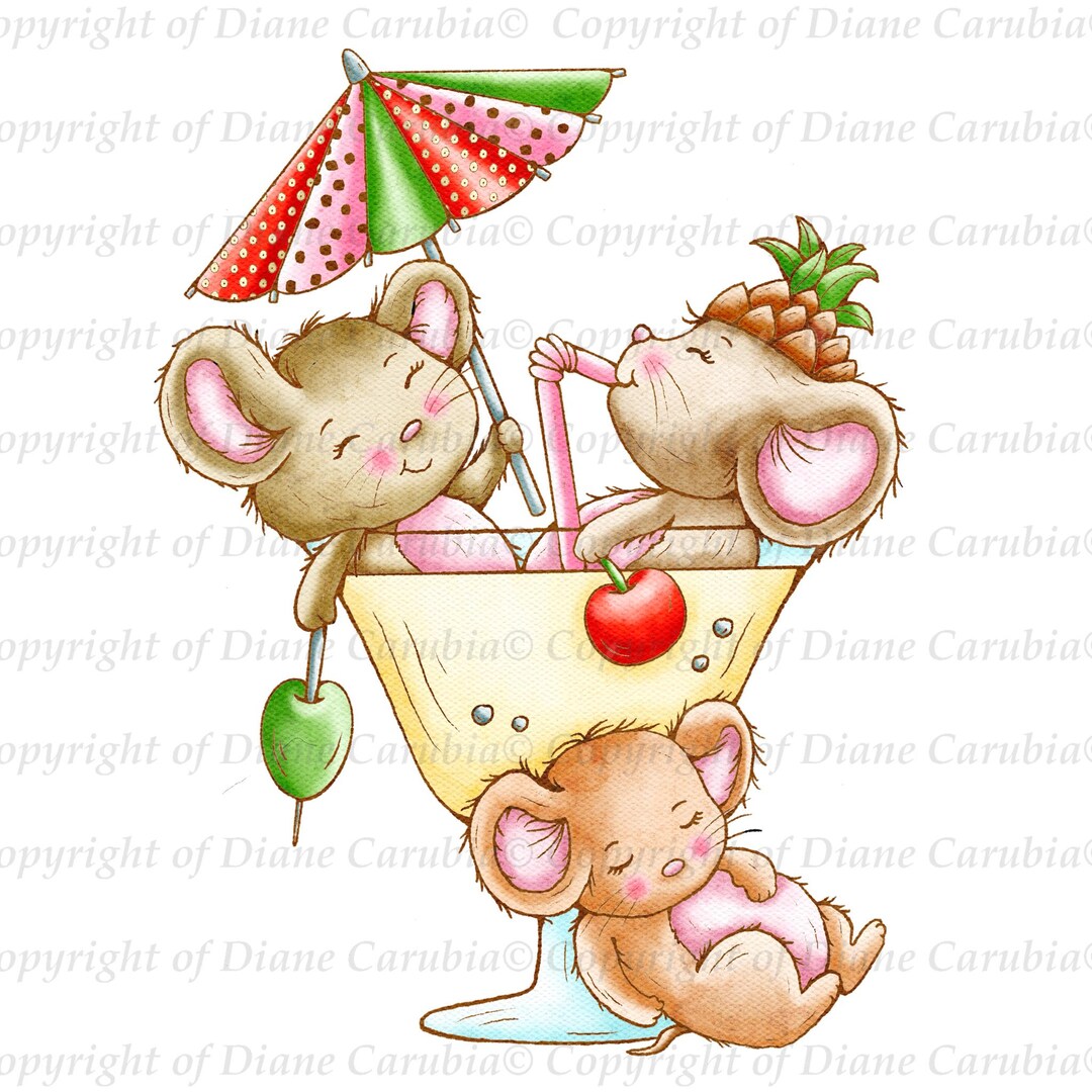 Cocktail Mice Coloured, Digital Stamp, Cute, Printable, Cardmaking ...