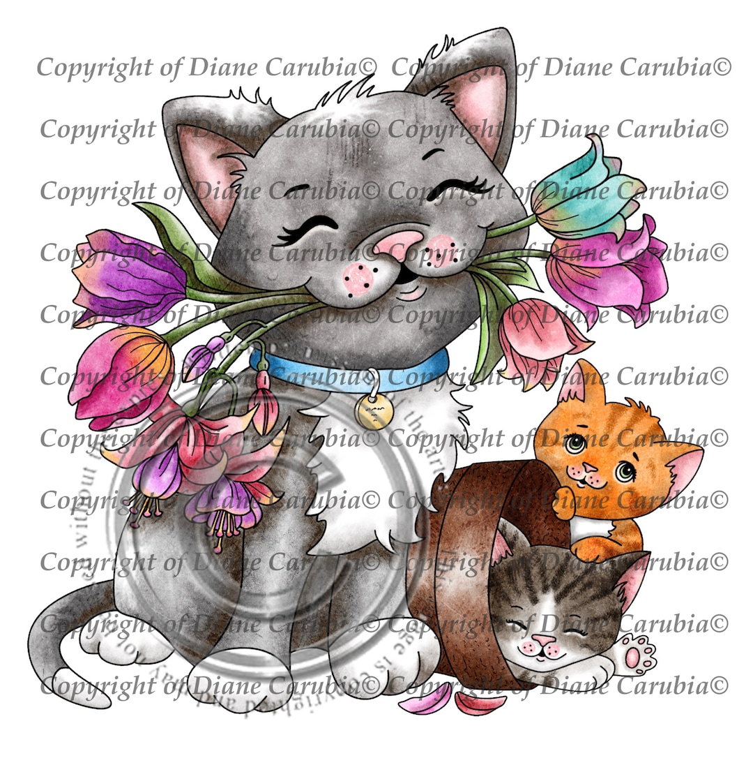 Kittys Cute Bouquet, Black and White, Digital Stamp, Cat, Download ...