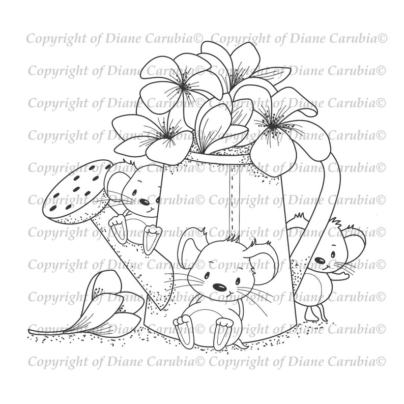 Wateringcan Mice, Black and White, Digital Stamp, Digi, Printable ...