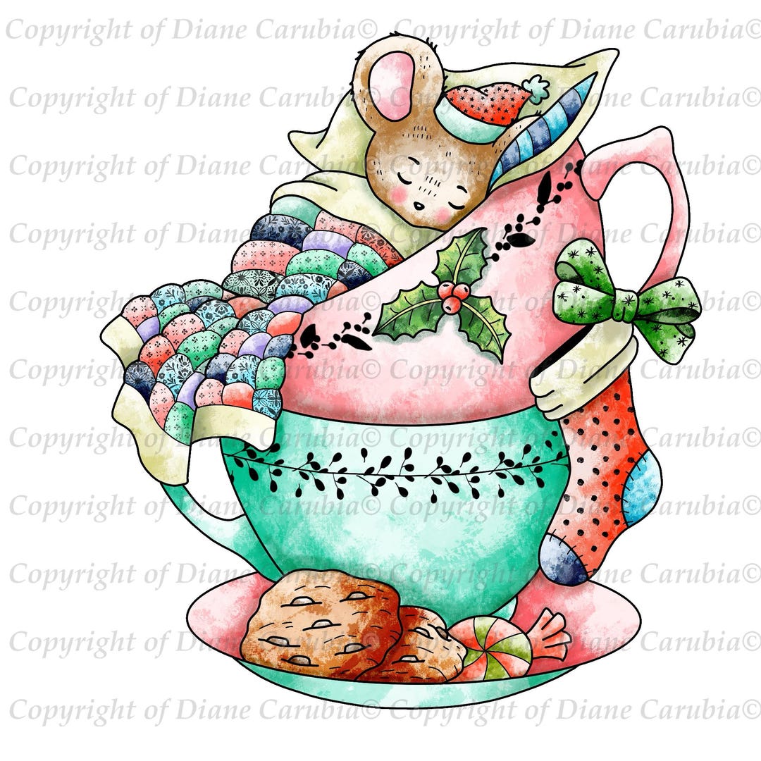 Teacup Christmas Mouse, Coloured, Digital Stamp, Printable, Cute ...