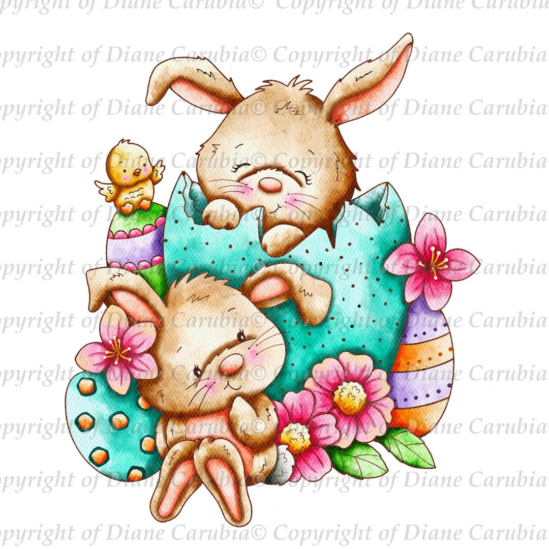 Easter Bunnies Surprise, Black and White, Printable, Digital Stamp ...