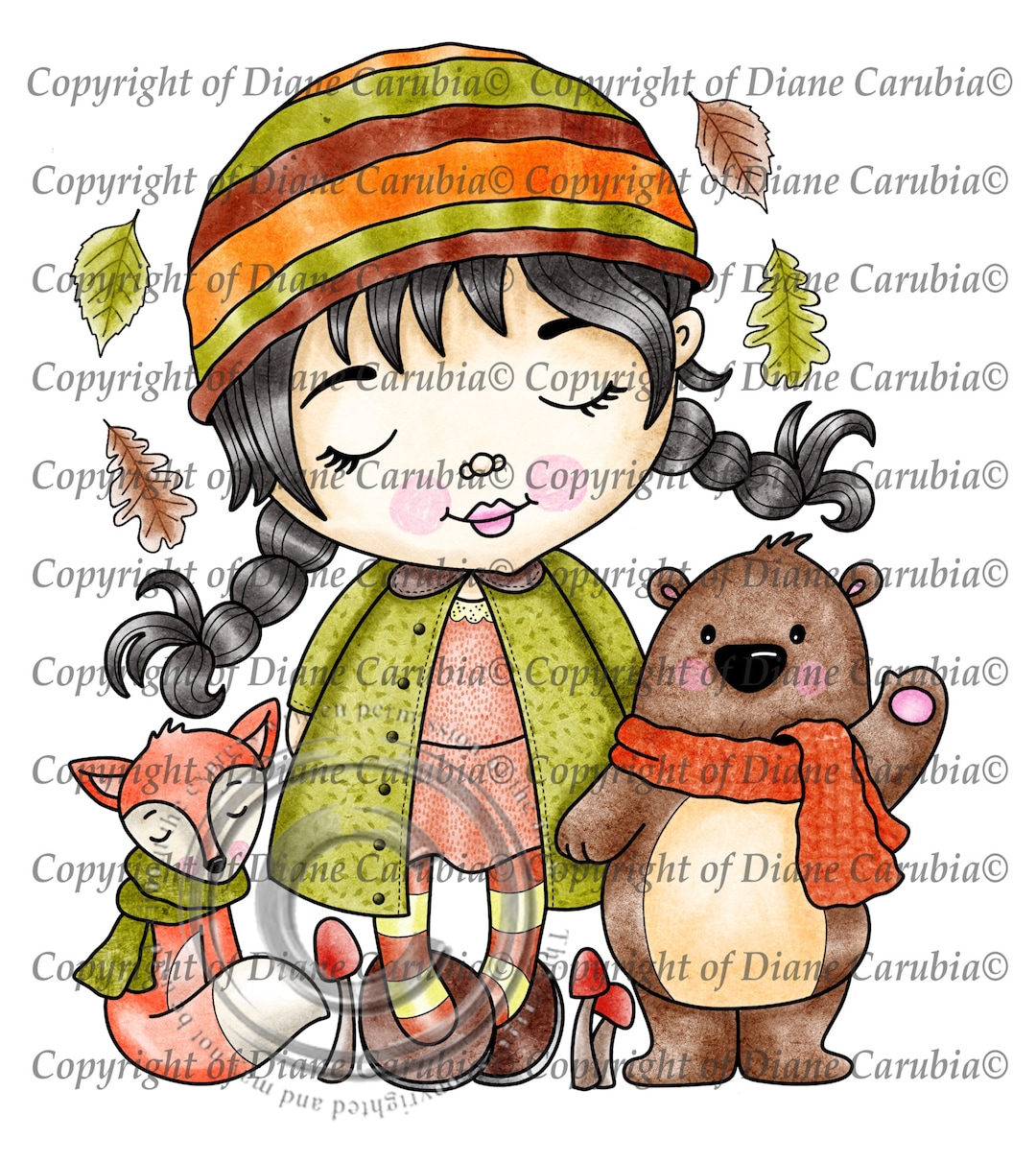 Autumn Friends, Black and White, Digital Stamp, Digi, Cute, Girl ...