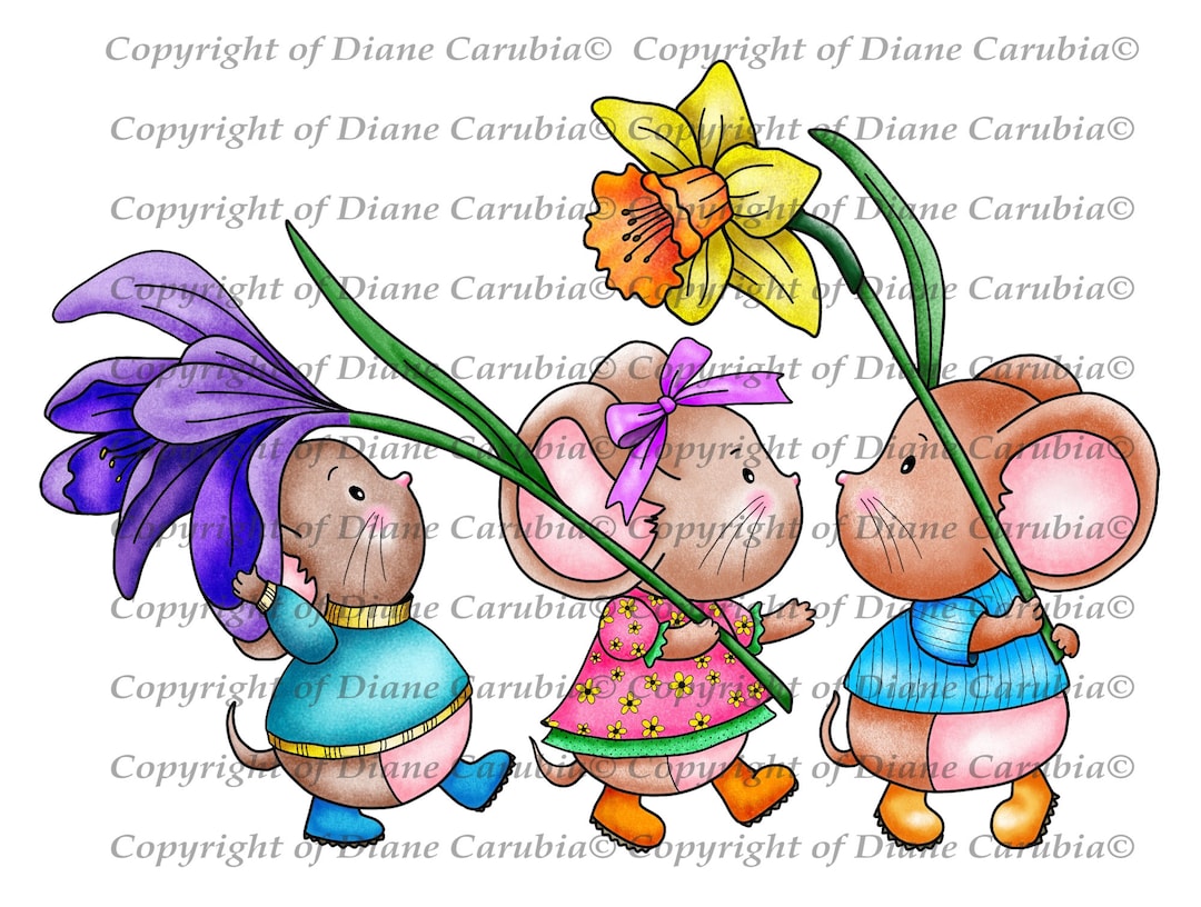 Spring Mice Parade, Black and White, Digital Stamp, Digi, Printable ...