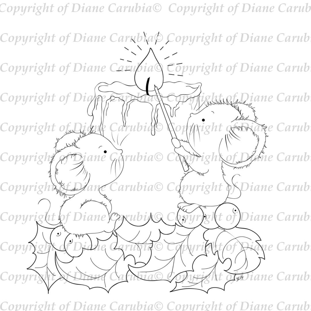Candlelight Mice, Black and White Digital Stamp, Colouring Stamp ...