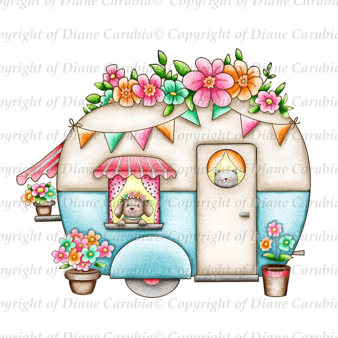 Pet Caravan Camping, Digital Stamp, Black and White, Cardmaking ...