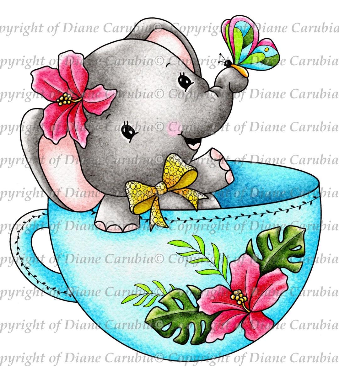 Teacup Ellie, Digital Stamp, Coloured, Elephant, Printable, Sublimation ...
