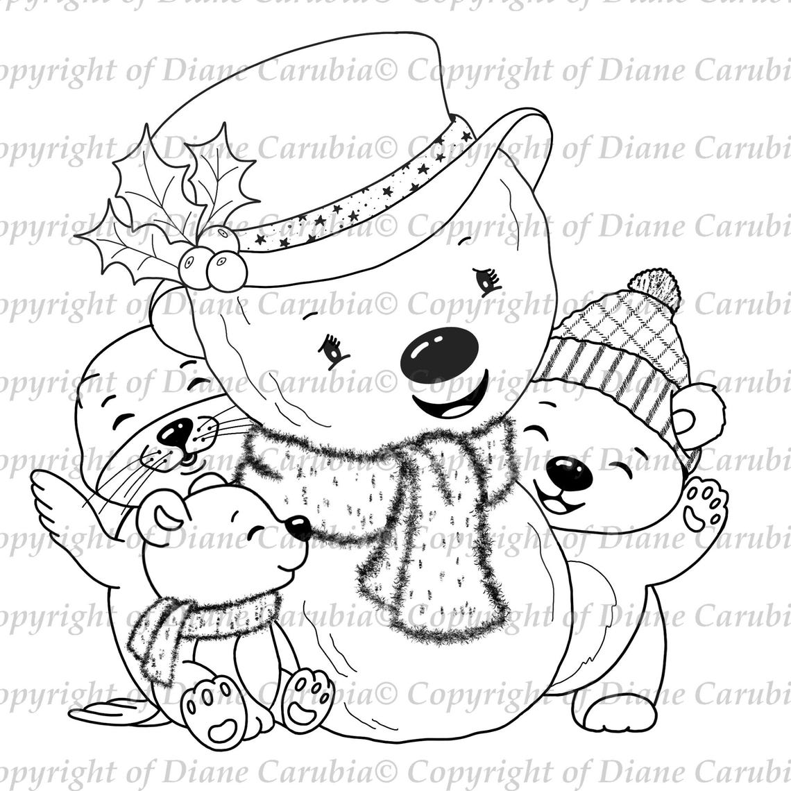 Snowman's Friends, Black and White, Digital Stamp, Download, Christmas ...