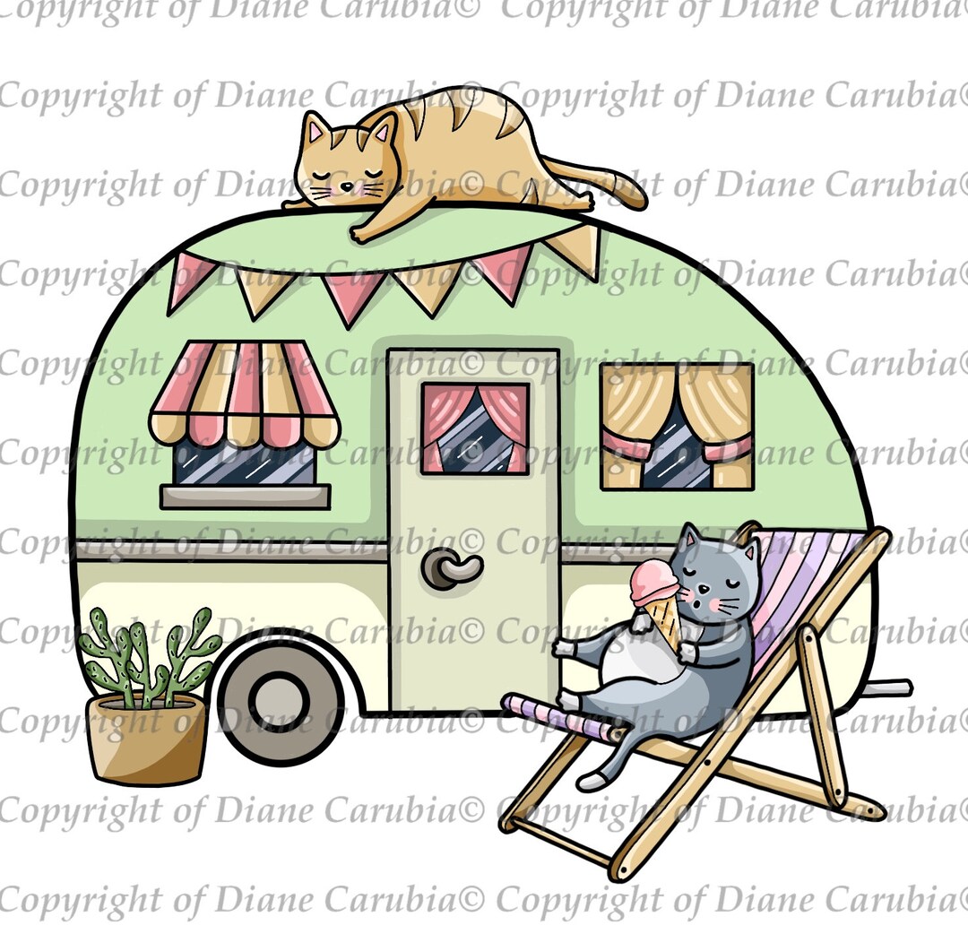 Caravan Cats, Coloured, Digital Stamp, Flat Illustration, Stickers ...