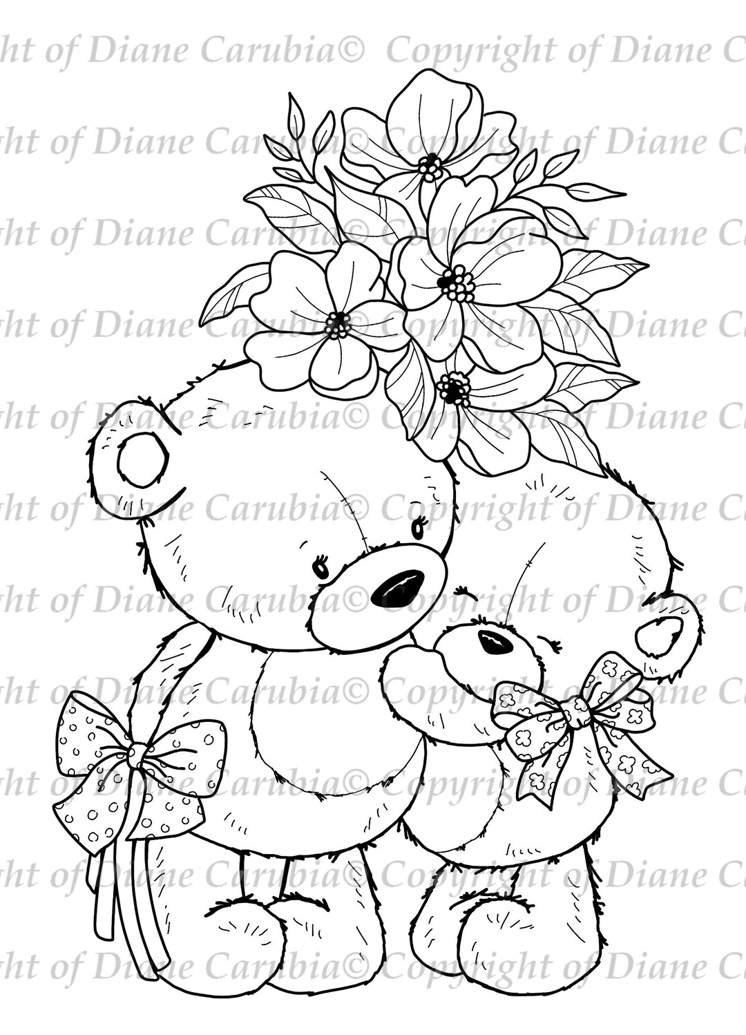 Flower Love Bears, Digital Stamp, Download, Printable, Cute, Cardmaking ...