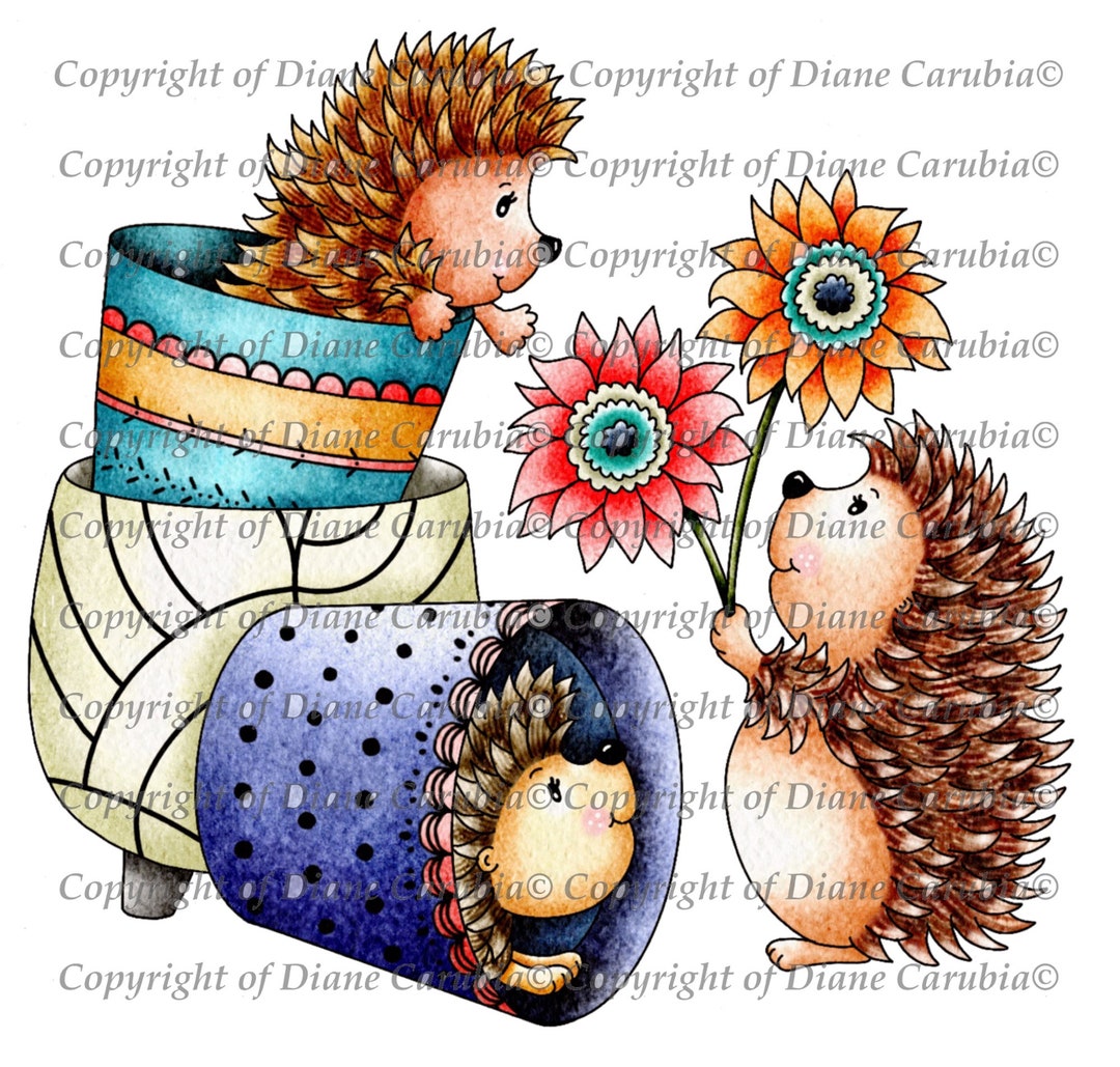Plantpot Hedgehogs, Digital Stamp, Colour, Printable, Cardmaking - Etsy
