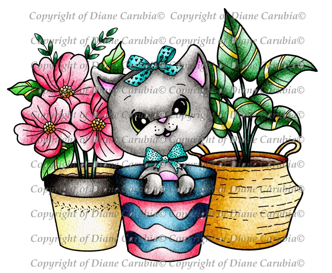 Plant Pot Kitty Black and White, Digital Stamp, Download, Printable - Etsy