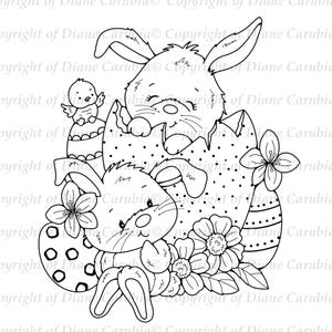 Easter Bunnies Surprise, Black and White, Printable, Digital Stamp ...