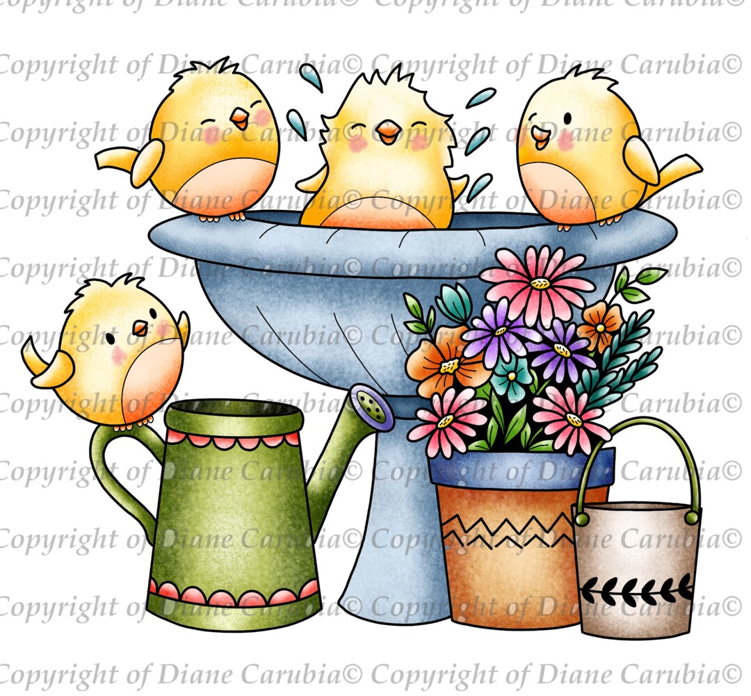 Birdbath, Black and White, Digital Stamp Easter Spring Chicks Cute ...