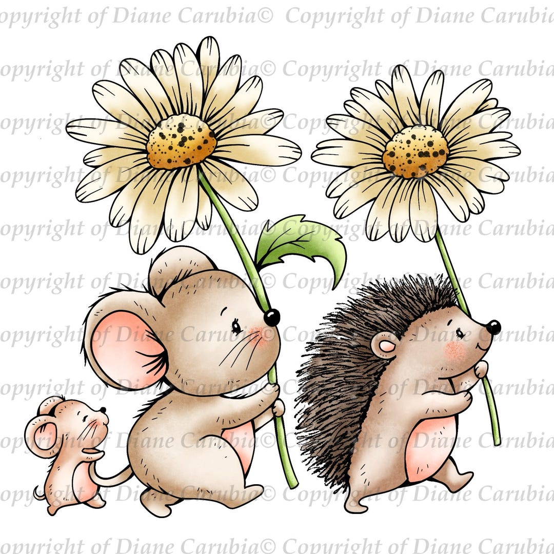 Daisy Trail Hedgehog & Mice Black and White Digital Stamp (JPEG) - Etsy