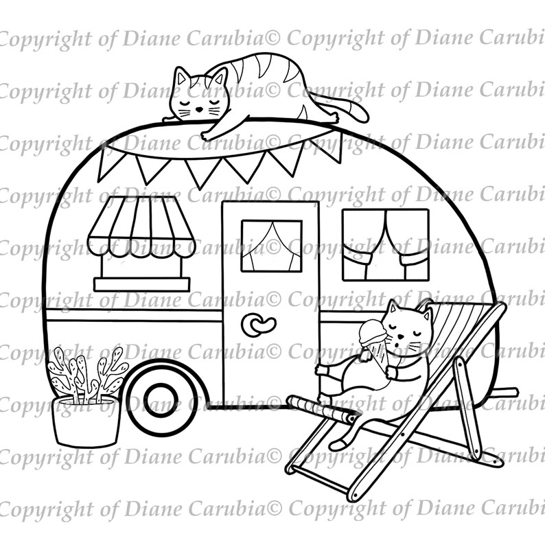 Caravan Cats, Black and White, Digital Stamp, Cute, Sublimation ...