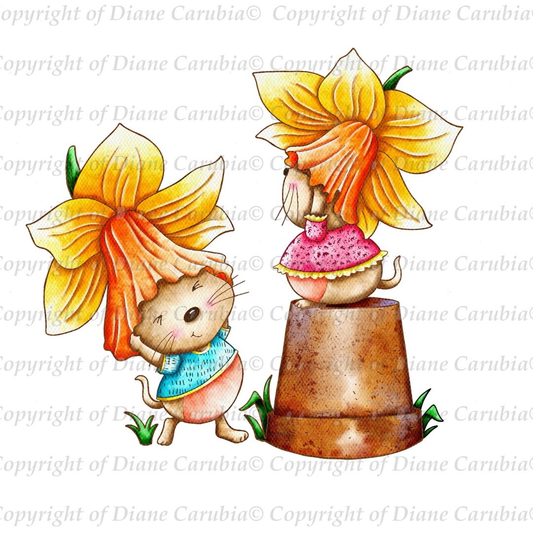 Daffodil Fun, Digital Stamp, Black and White, Mice, Easter, Daffodil ...