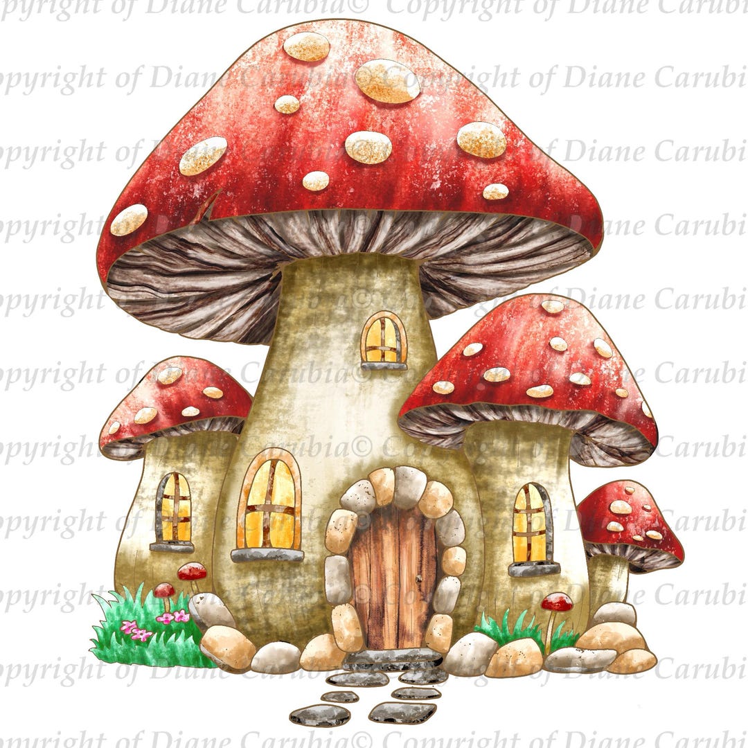 Whimsical Mushroom House, Digital Stamp, Black and White, Cardmaking ...