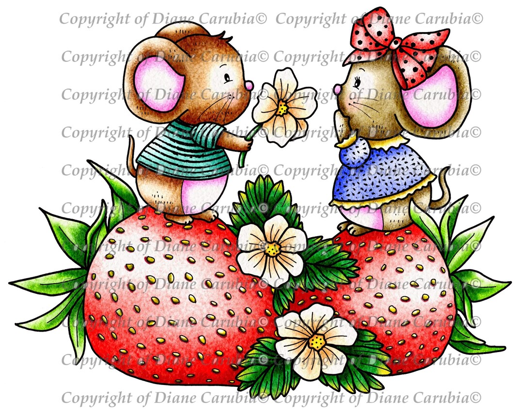 Strawberry Mice, Black and White, Digital Stamp, Cute, Printable - Etsy