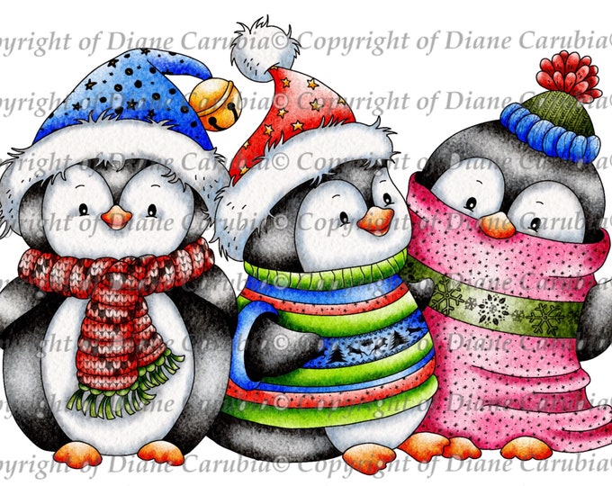 Three Chilly Penguins, Black and White, Digital Stamp, Digi, Christmas ...