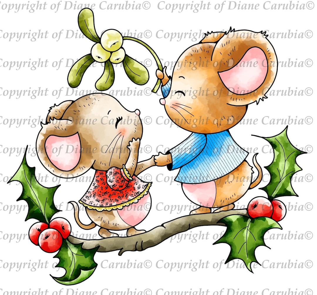 Christmas Kiss Mouse, Coloured, Digital Stamp, Digi, Cardmaking, Cute ...
