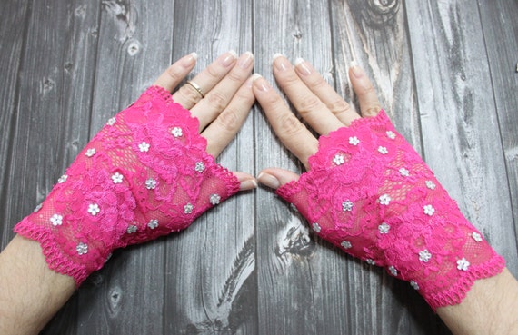 Shiny Pink Tulle Lace Cuff Pink Fingerless Lace gloves Shiny | Etsy