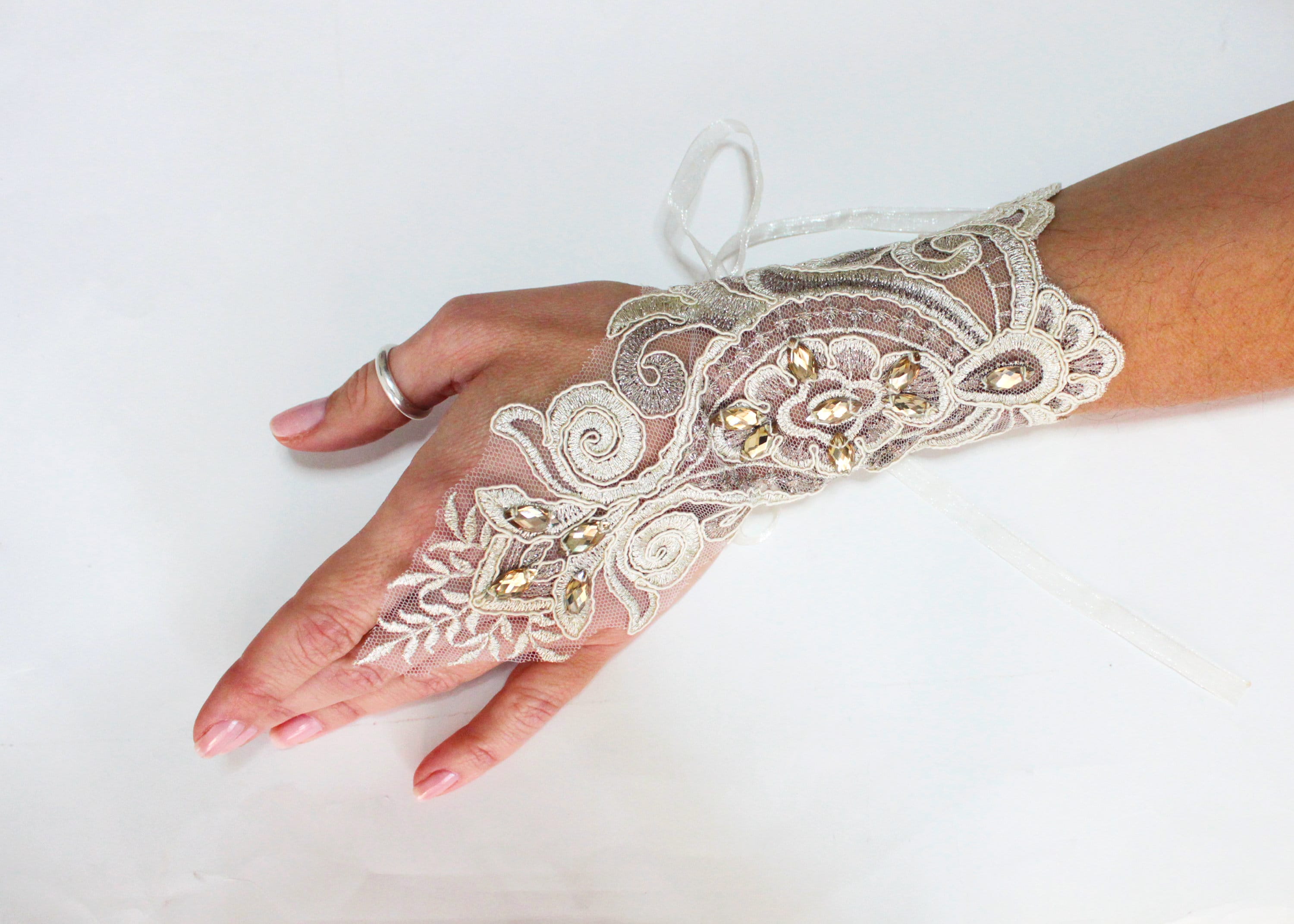 Bridal Gloves Gold Champagne Bead Embroidered Fingerless Lace | Etsy