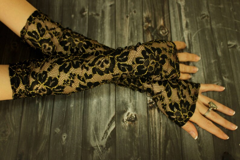 Long Black Gold Lace Gloves Opera Gloves Belly Dance Costume Gloves ...